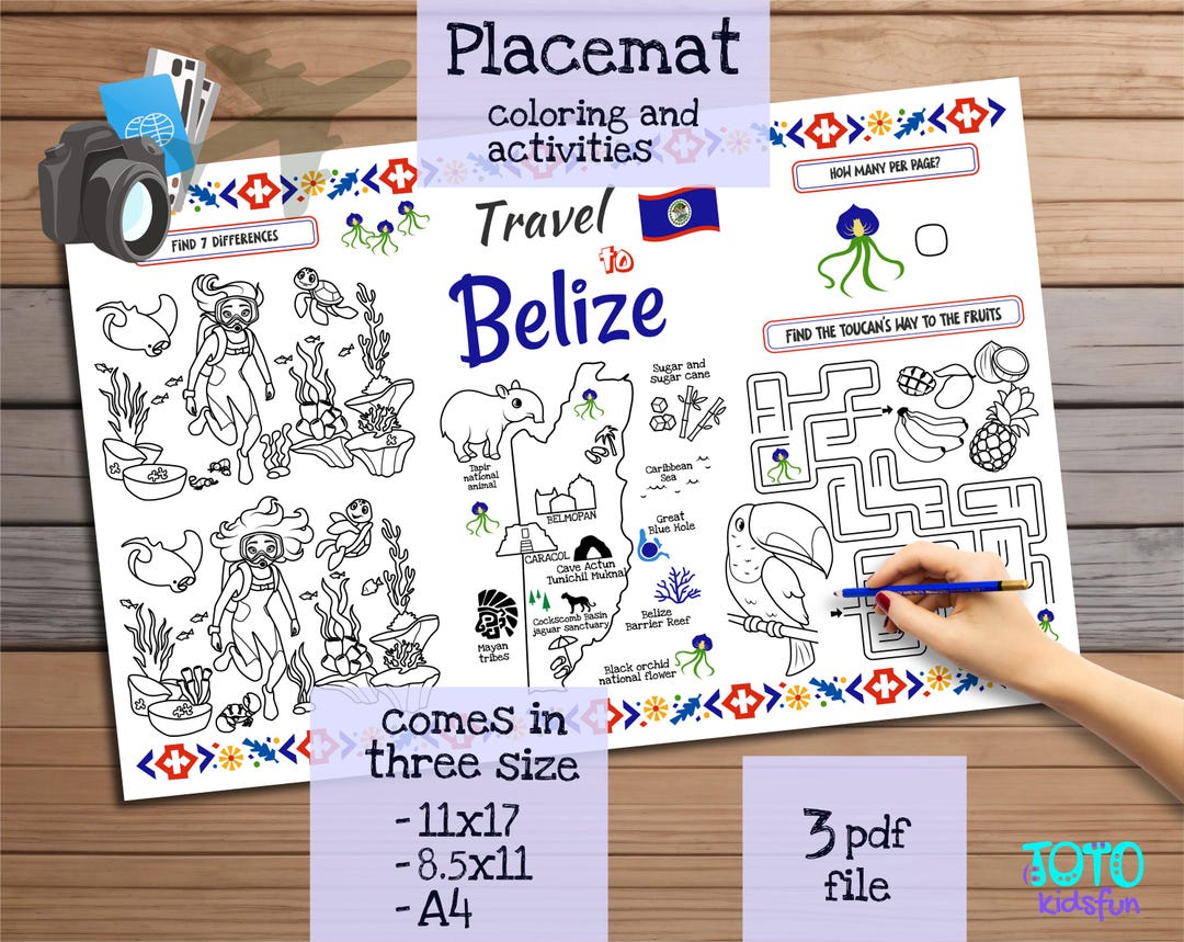 Placemat Travel to Belize. Printable Coloring Page for Kids. Travel ...