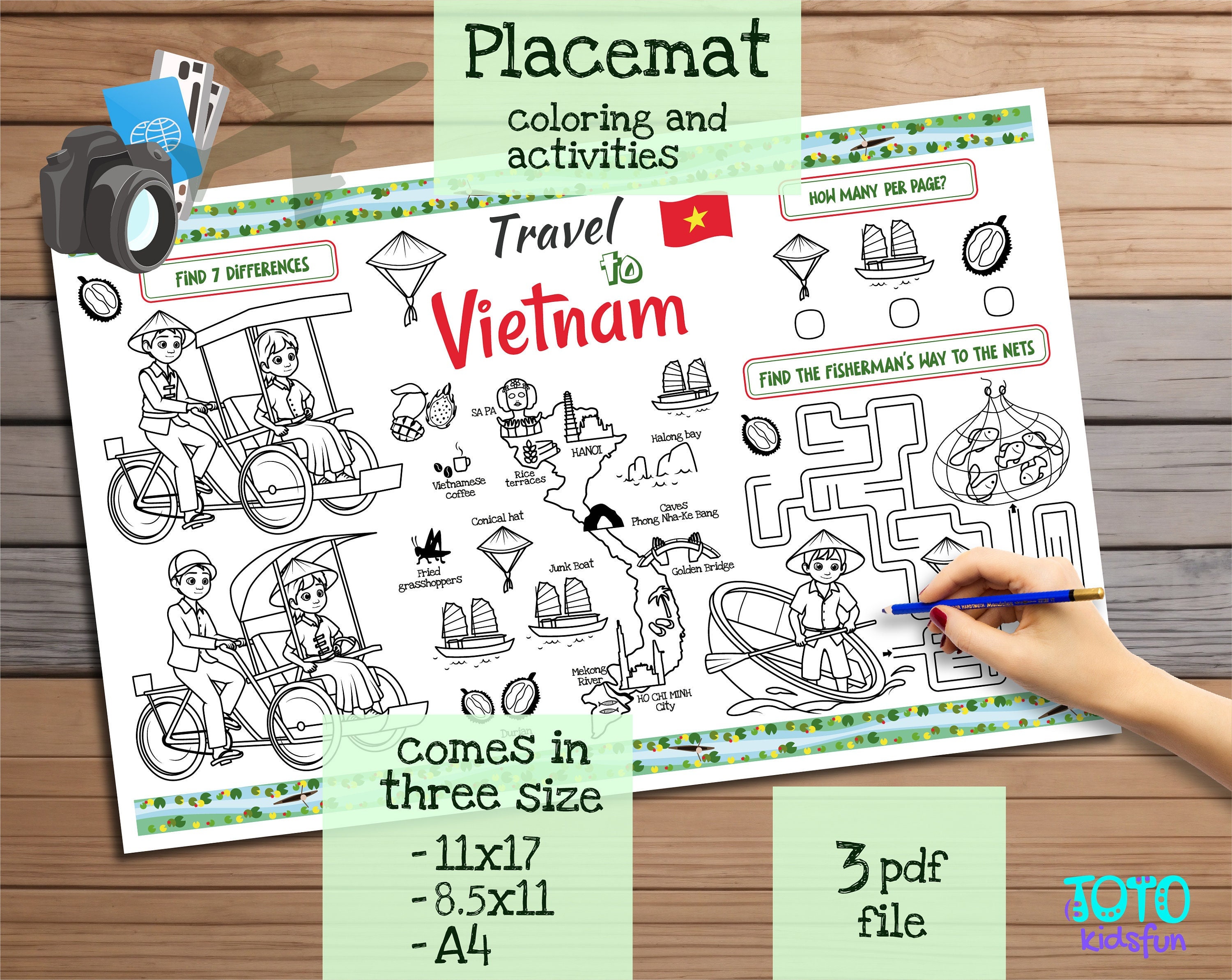 Placemat Travel to Vietnam. Printable Coloring Page for Kids. Travel ...