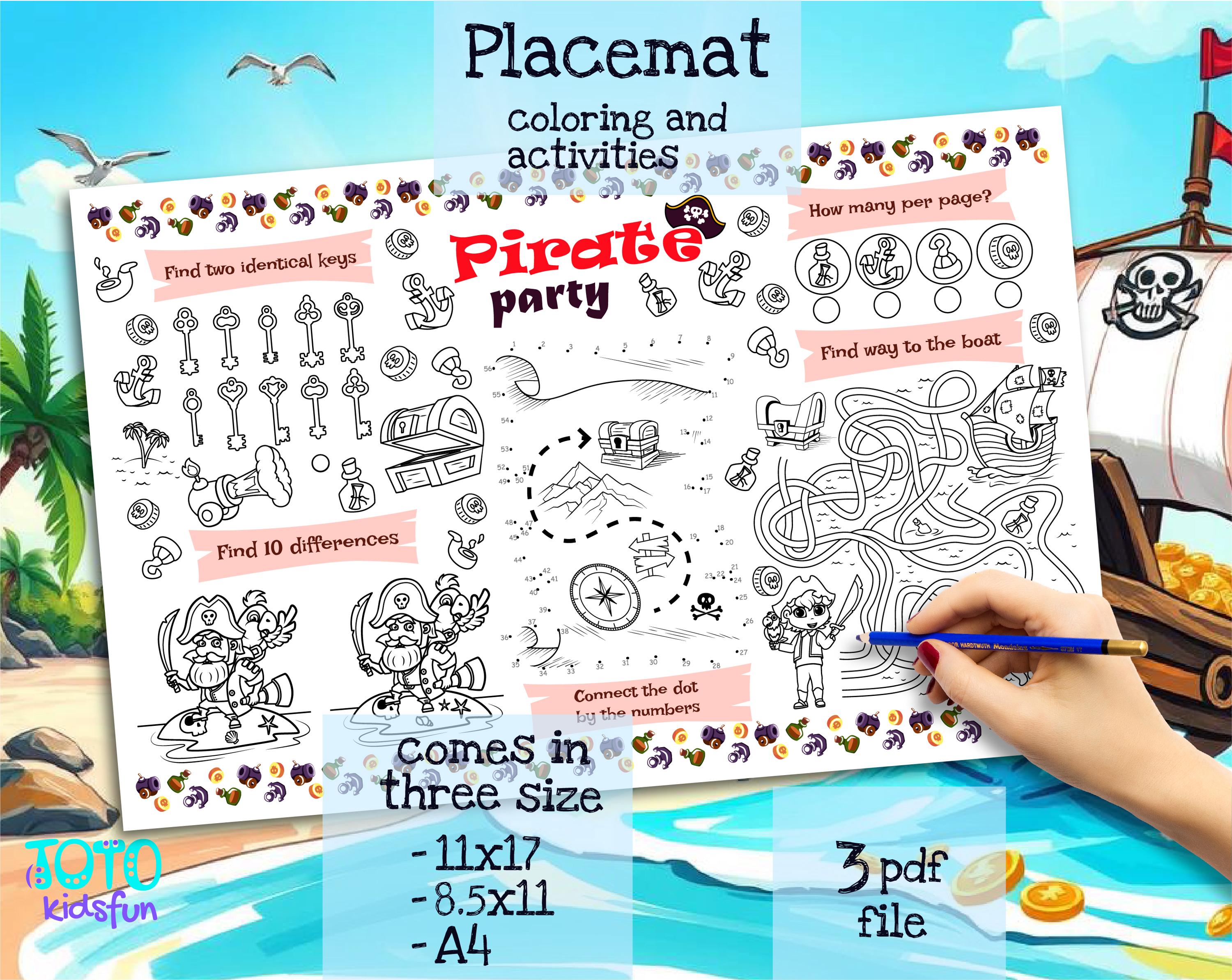 Pirate Activity Sheet for Kids | Pirate Birthday Party Placemat ...
