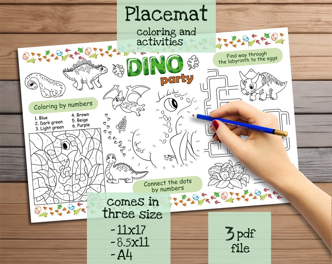 Dino Party Placemat. Printable Birthday Coloring Page for Kids. Dino ...