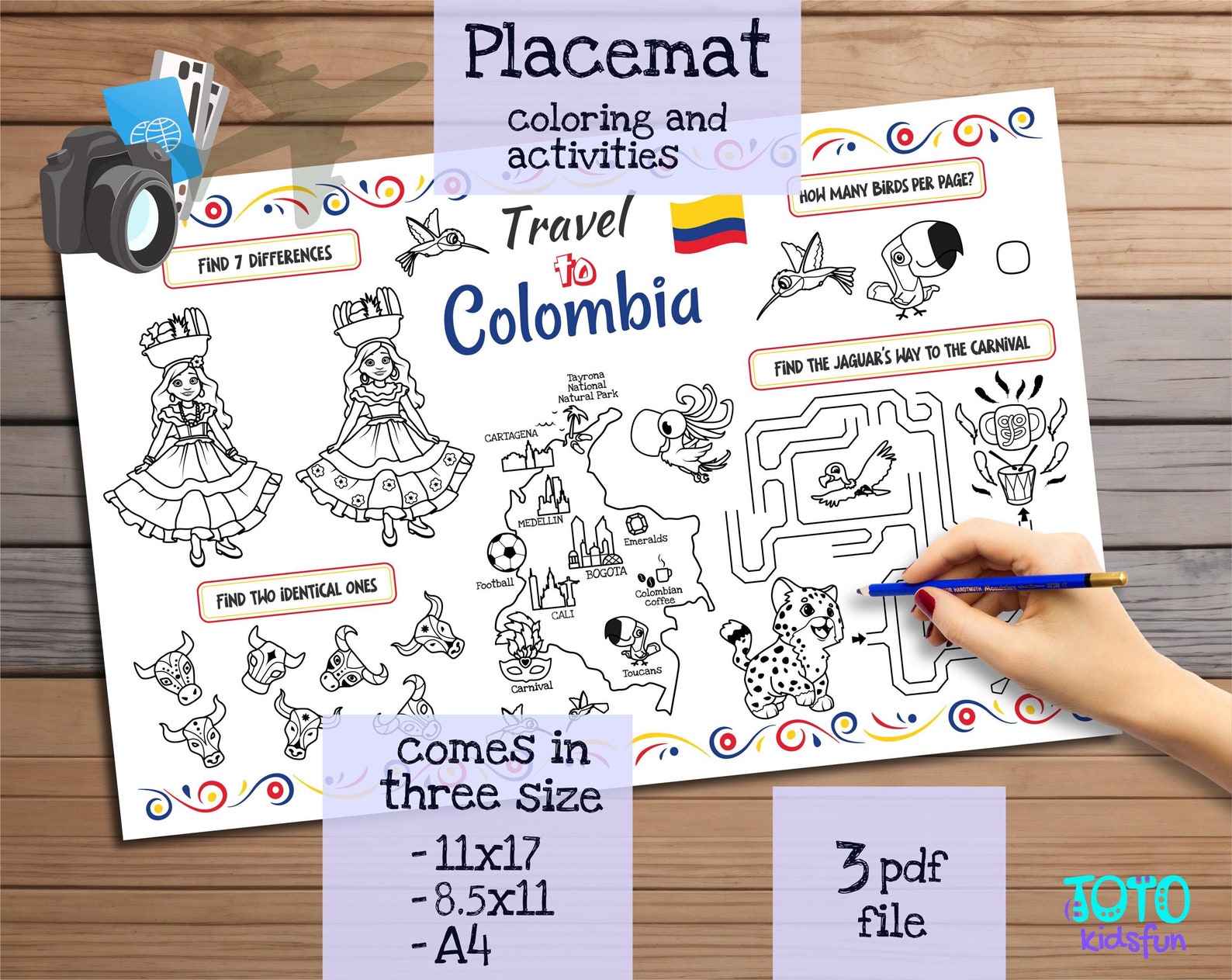 Placemat Travel to Colombia. Printable Coloring Page for Kids. Travel ...
