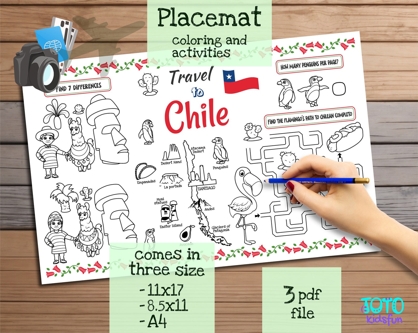 Placemat Travel to Chile. Printable Coloring Page for Kids. Travel ...