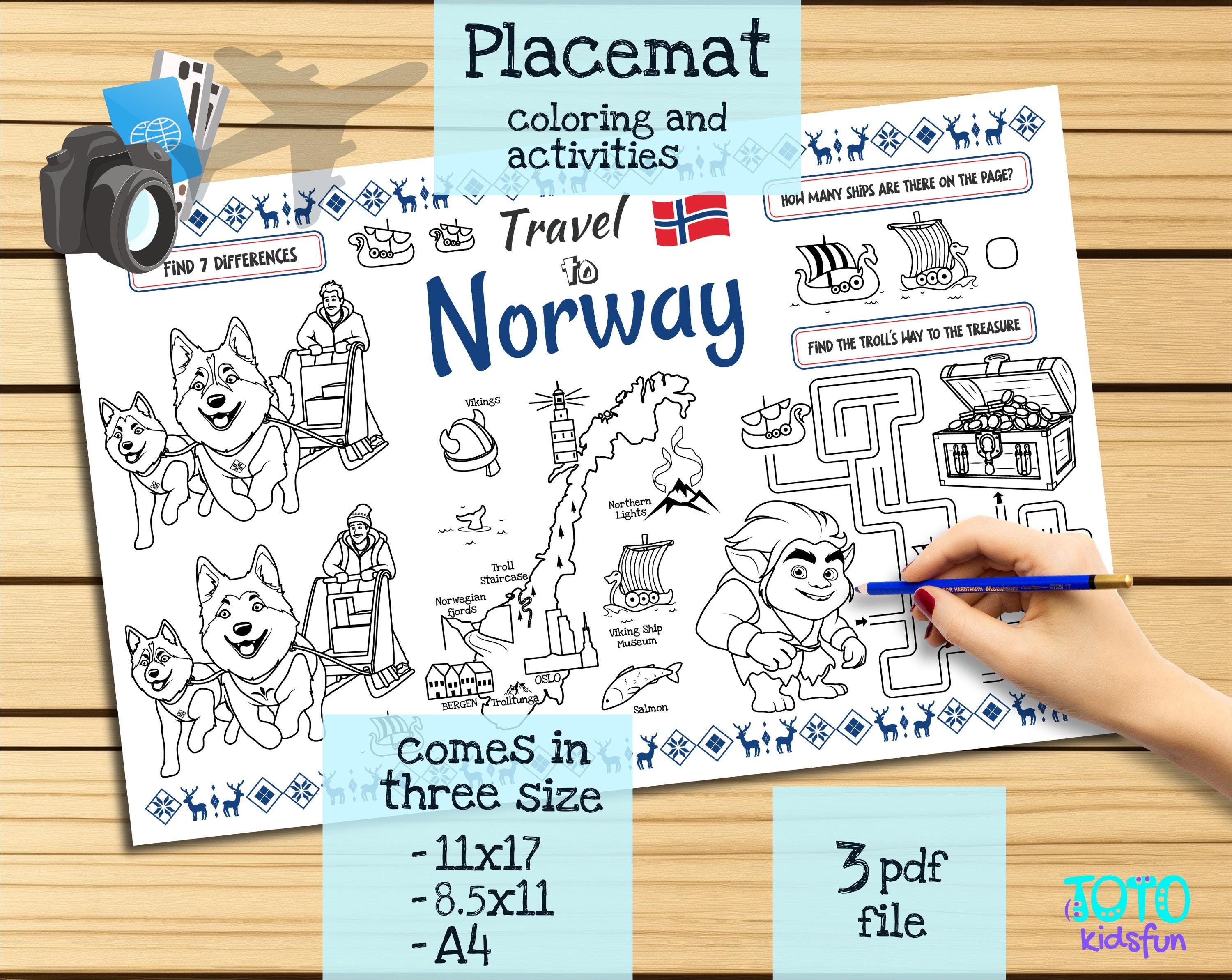 Placemat Travel to Norway. Printable Coloring Page for Kids. Travel ...