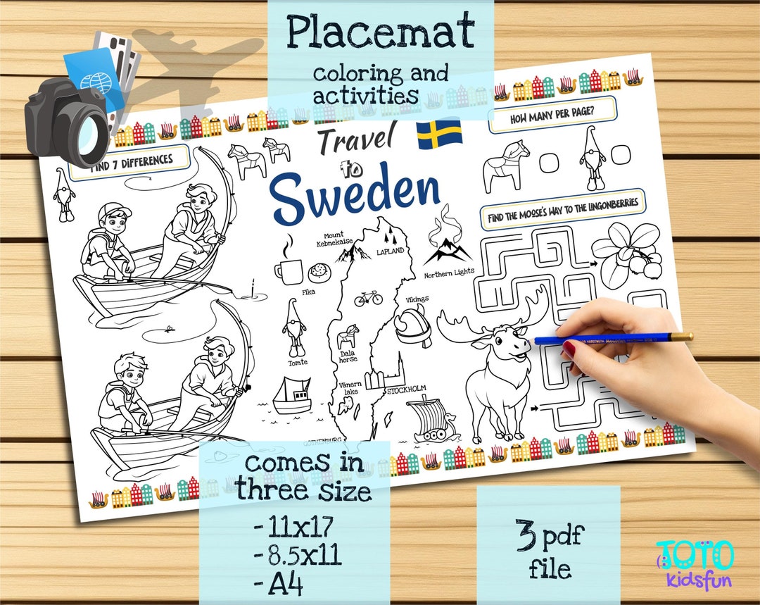 Placemat Travel to Sweden. Printable Coloring Page for Kids. Travel ...
