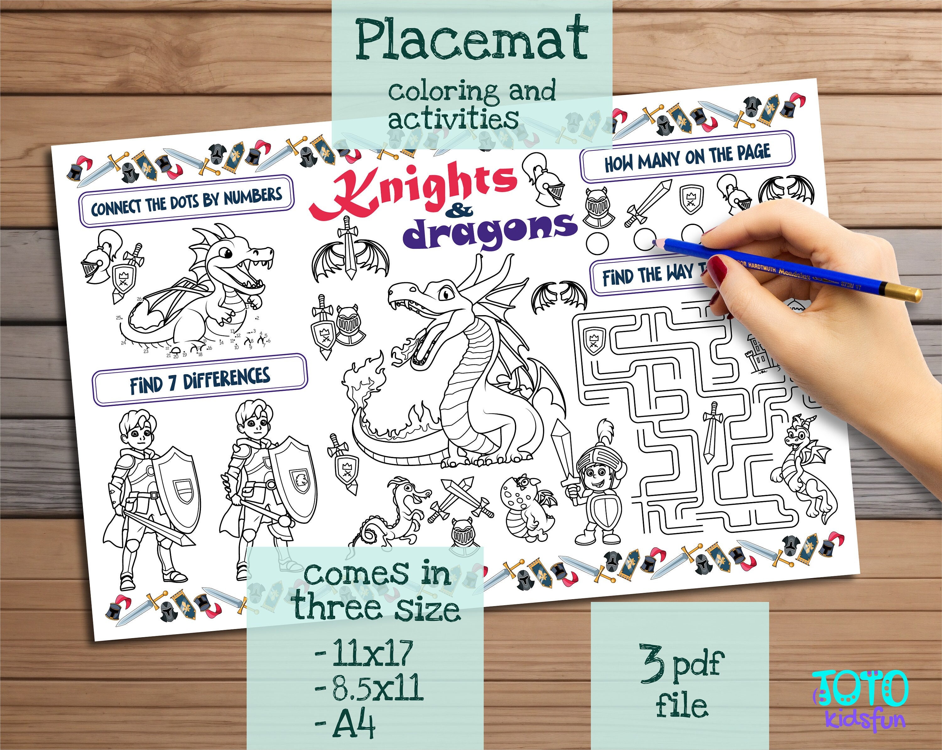 Knights and Dragons Party Placemat. Printable Birthday Coloring Page ...