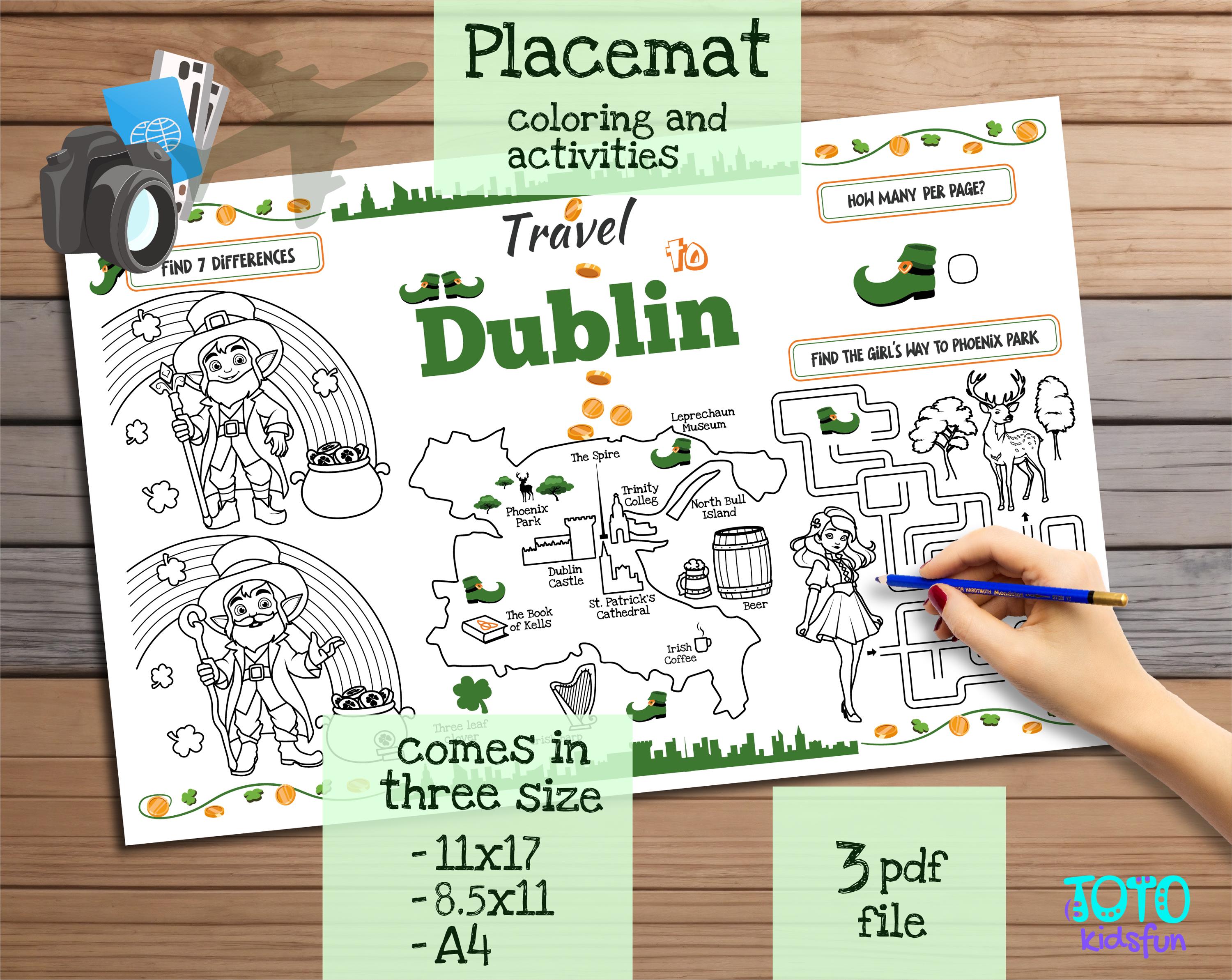 Placemat Travel to Dublin. Printable Coloring Page for Kids. Travel ...