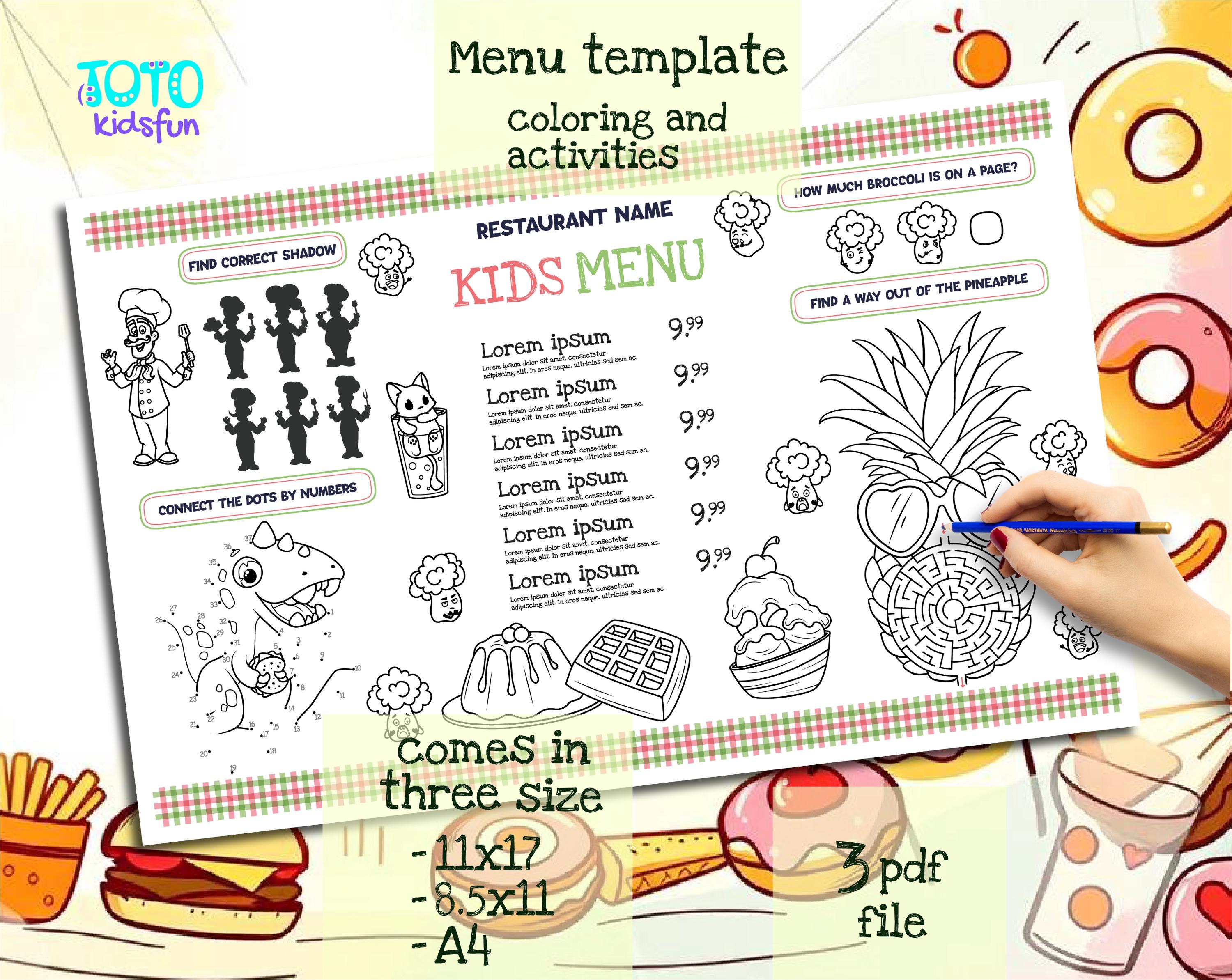 Printable Template Kids Menu for Restaurants With Fun Activity Sheet - Etsy