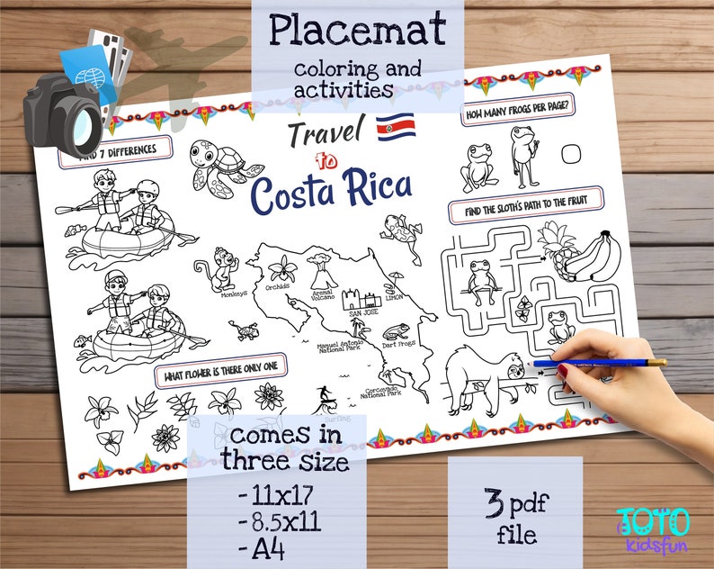Placemat Travel to Costa Rica. Printable Coloring Page for Kids. Travel ...