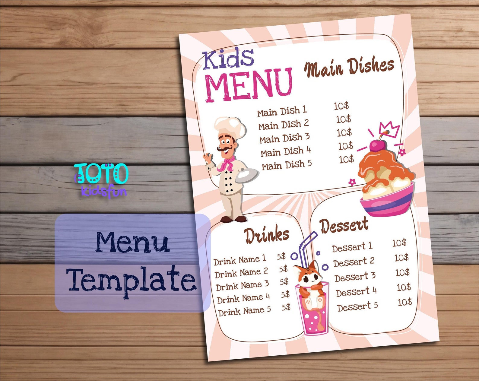 One-page Kids Menu Template - Cute Design for Cafes & Restaurants ...