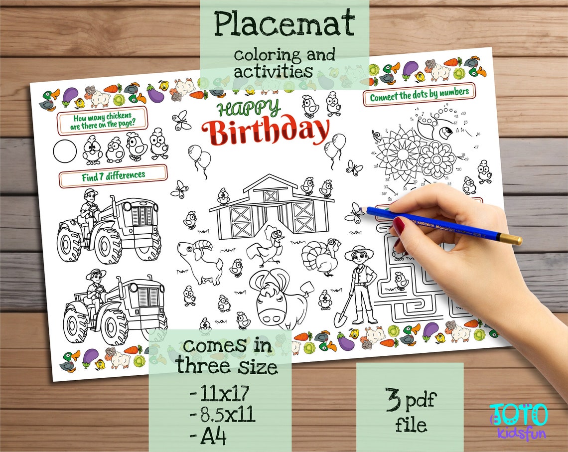Happy Birthday Placemat. Farm Theme. Printable Birthday Coloring Page ...