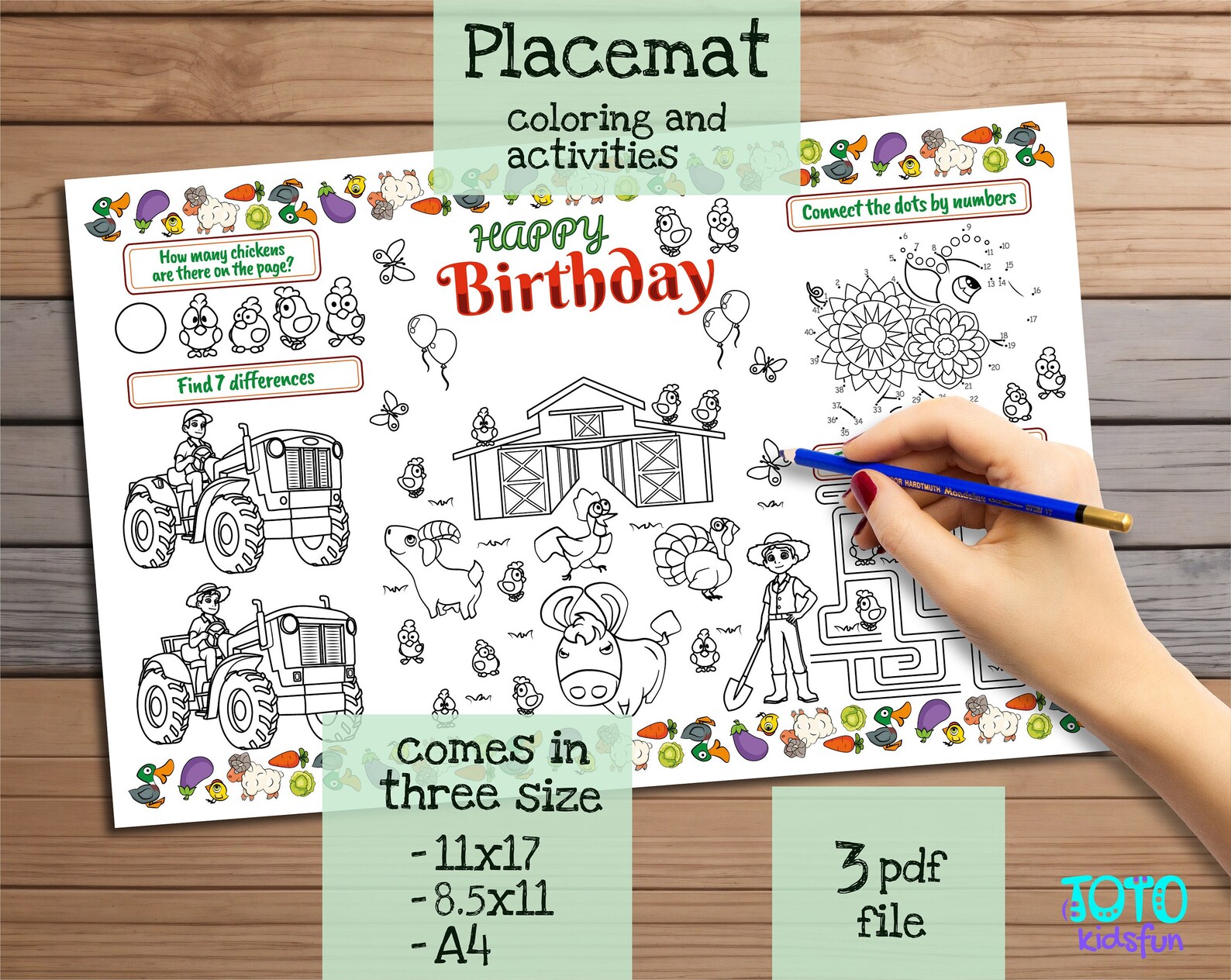 Happy Birthday Placemat. Farm Theme. Printable Birthday Coloring Page ...