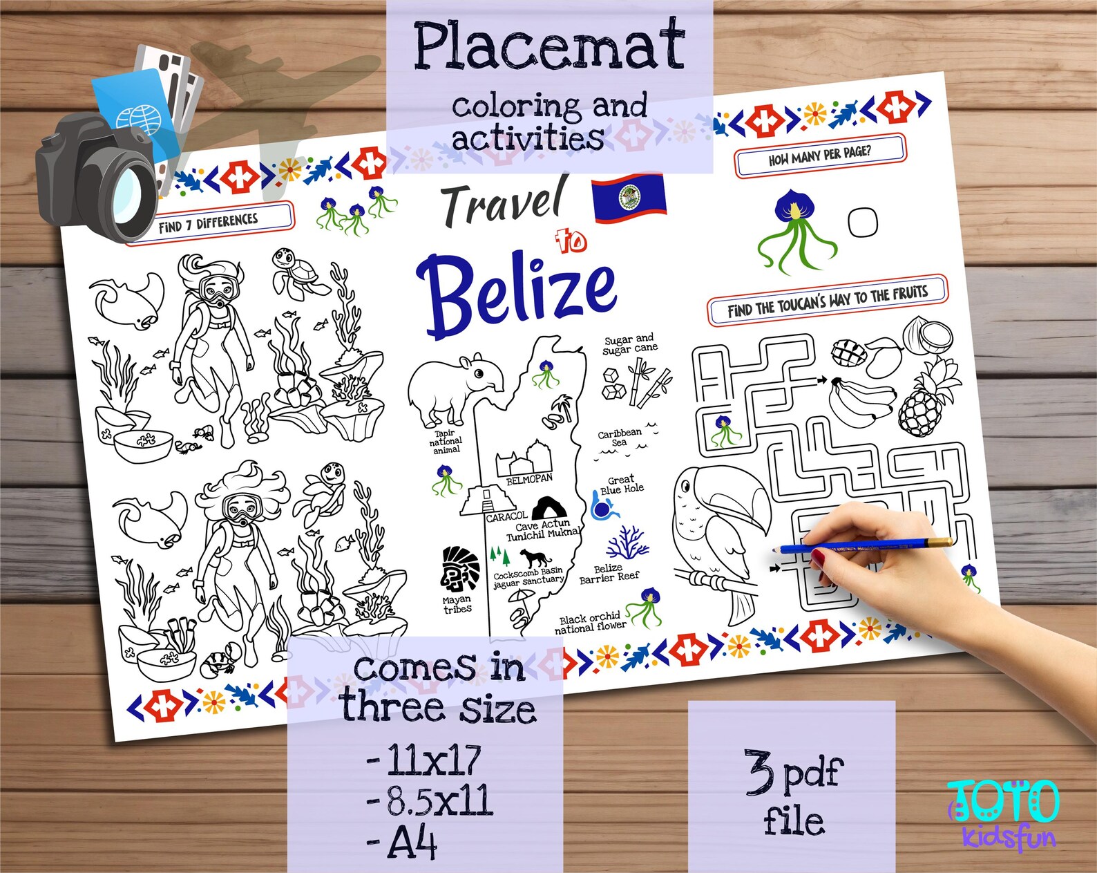 Belize Travel Placemat, Coloring Page Activity (PDF) - Etsy