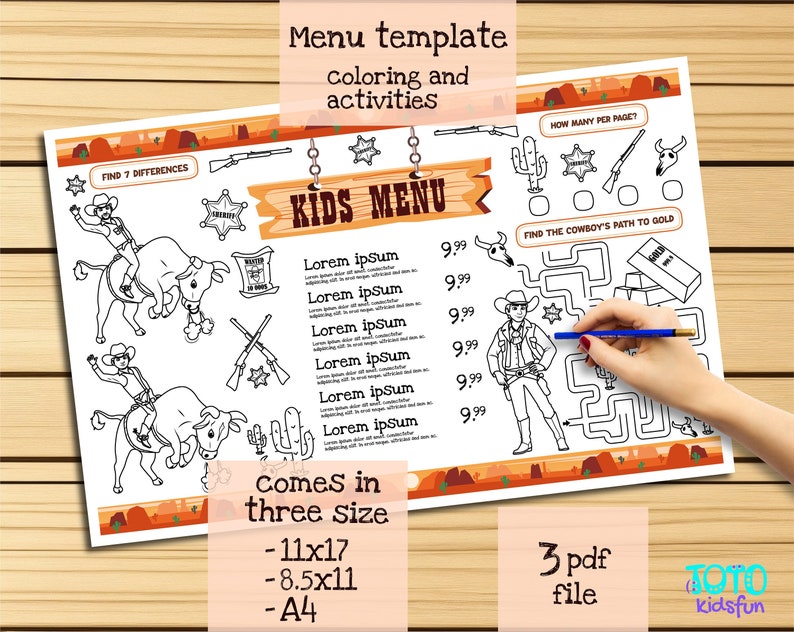 Printable Wild West Kids Menu Template for Restaurants With Fun ...