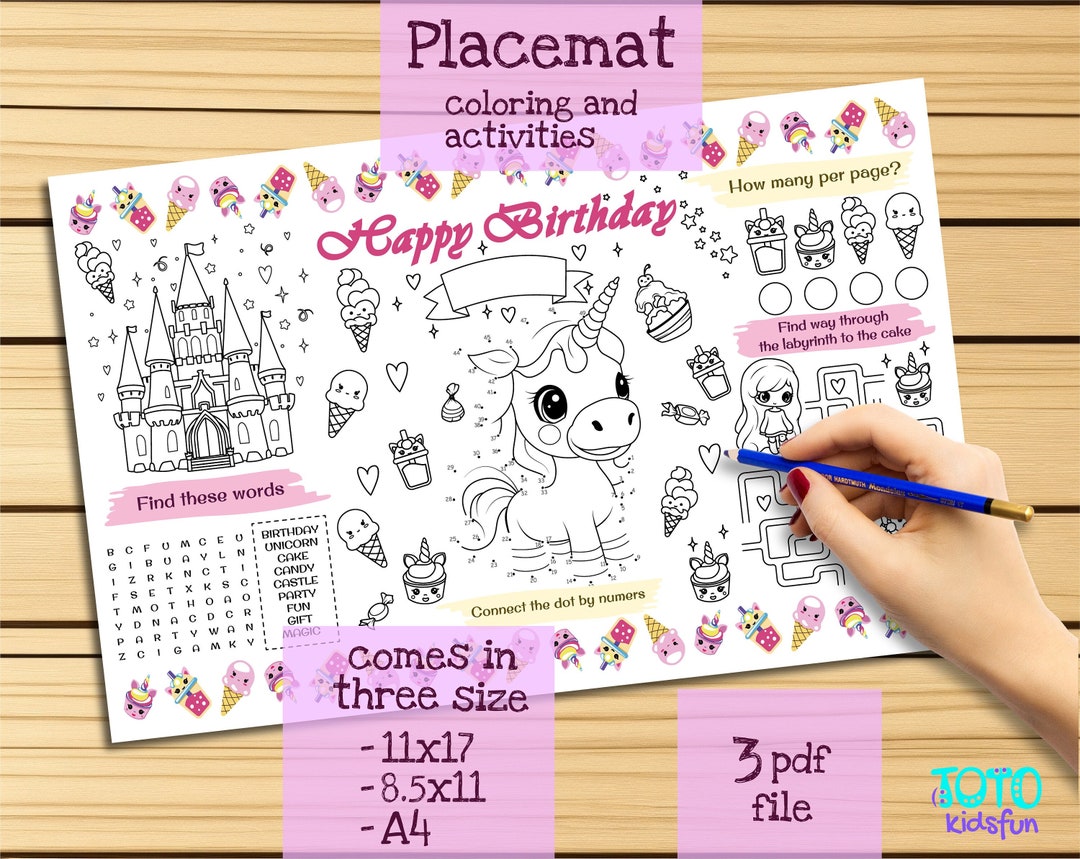 Unicorn Birthday Party Placemat. Kawaii Sweets. Printable Birthday ...