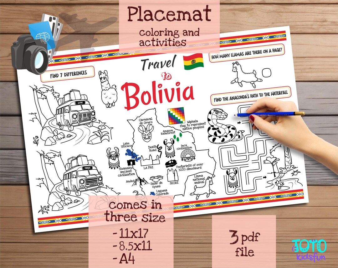 Placemat Travel to Bolivia. Printable Coloring Page for Kids. Travel ...
