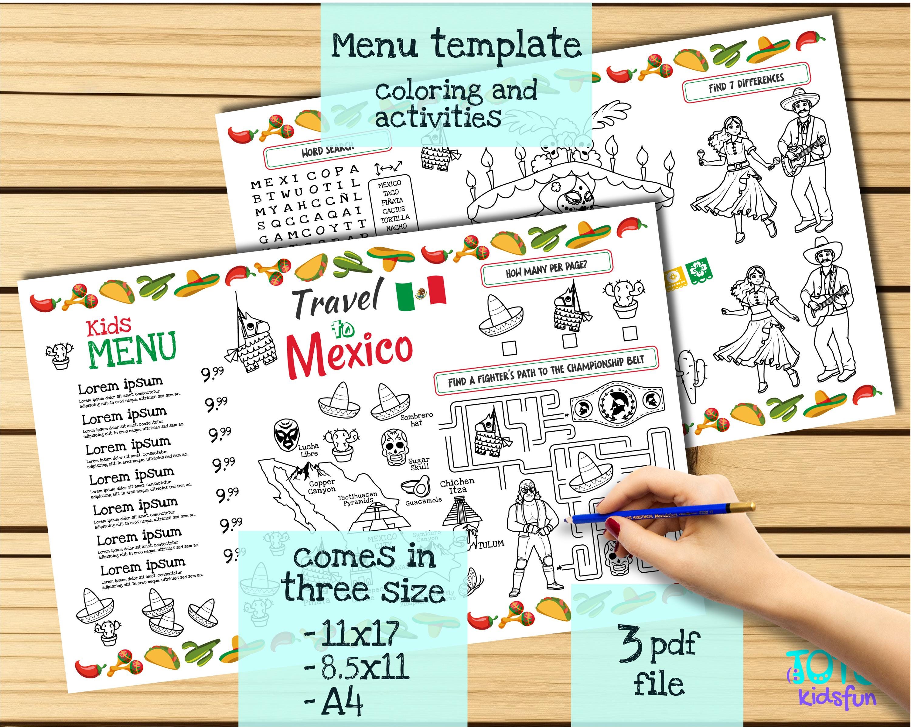 Two Page Mexican Kids Menu Template. Mexican Restaurant Menu With ...