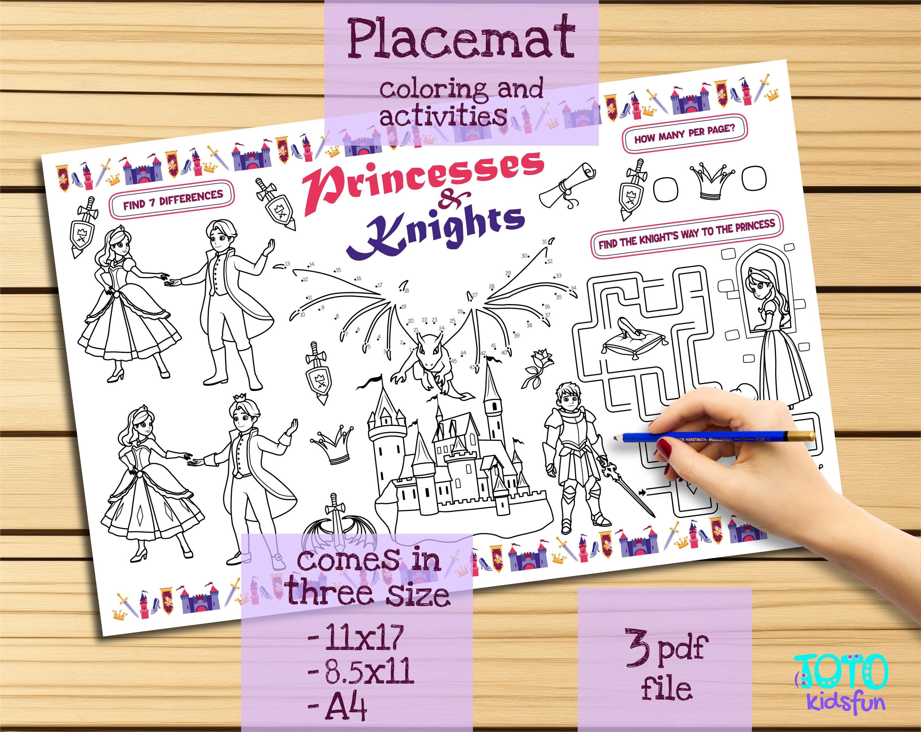Placemat Princesses and Knights - Printable Birthday Coloring Page for ...