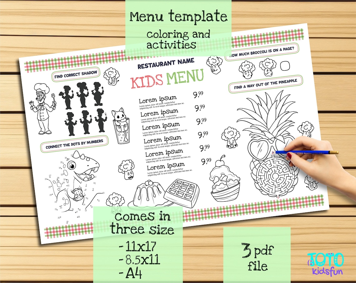Printable Template Kids Menu for Restaurants With Fun Activity Sheet - Etsy