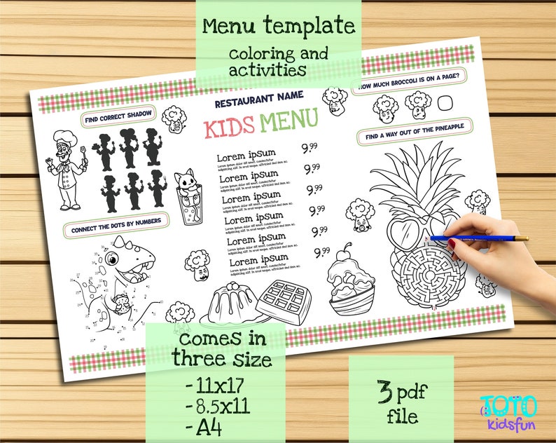 Printable Template Kids Menu for Restaurants With Fun Activity Sheet - Etsy