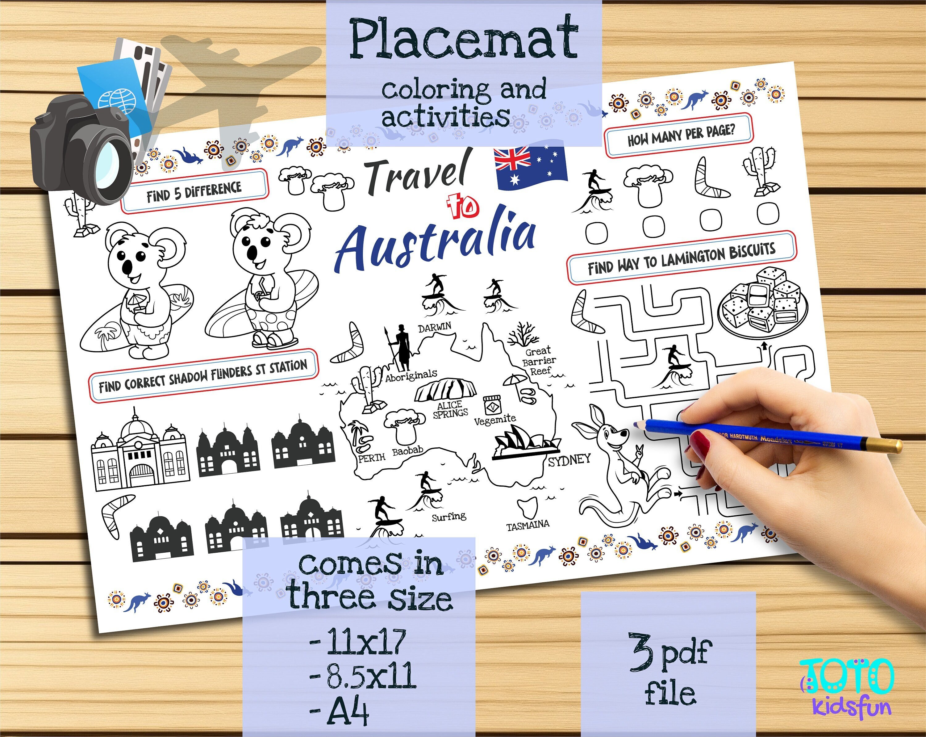 Travel to Australia Placemat. Printable Coloring Page for Kids. Travel ...
