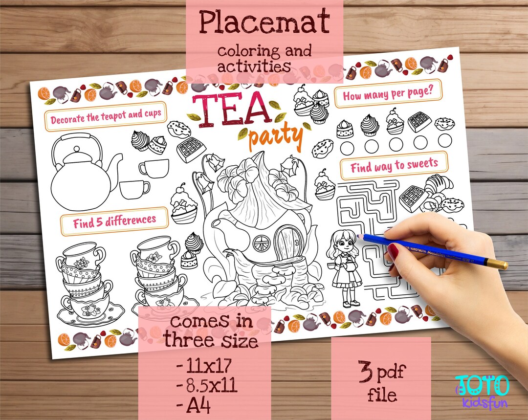 Tea Party Placemat. Printable Birthday Coloring Page for Kids. Tea ...