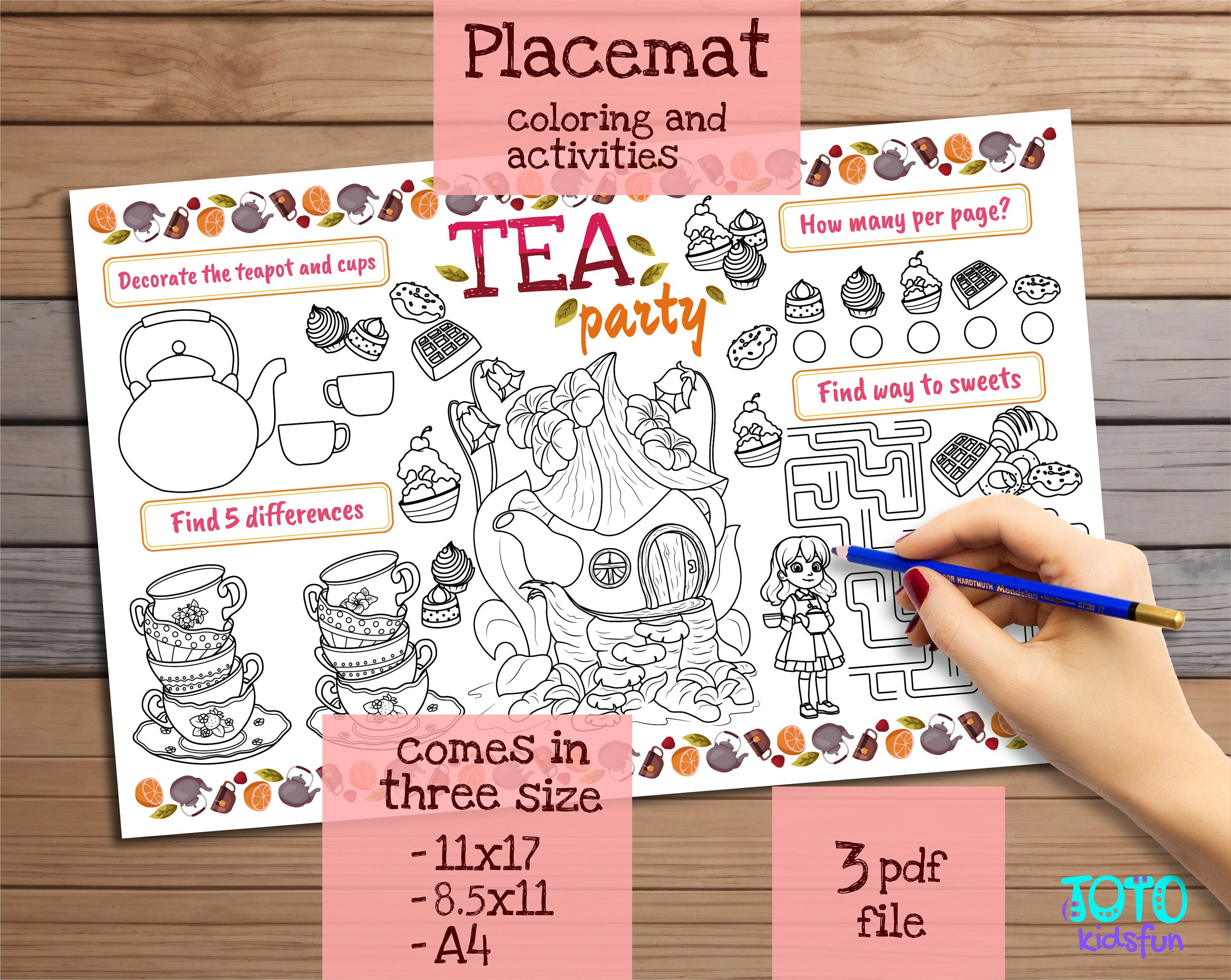 Tea Party Placemat. Printable Birthday Coloring Page for Kids. Tea ...