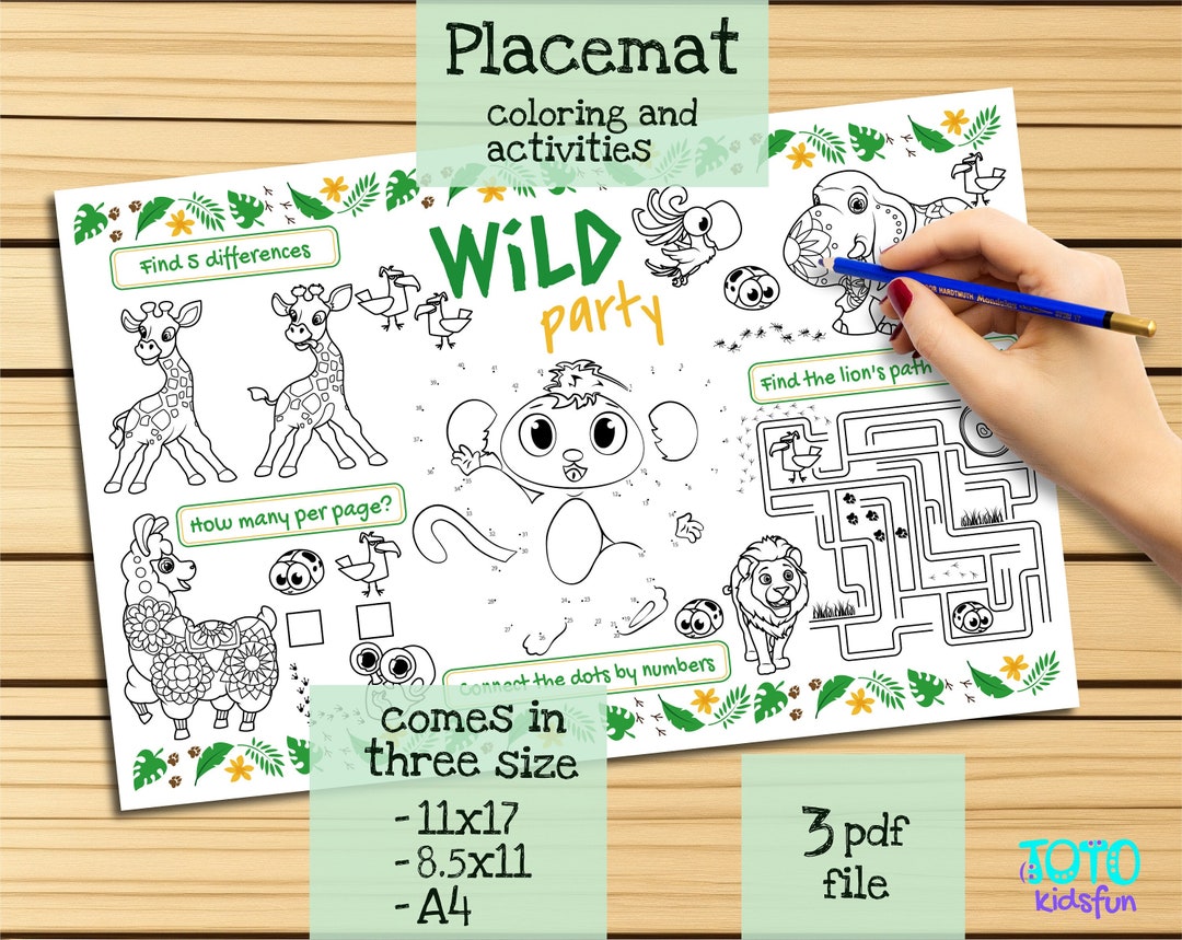 Jungle Party Placemat: Printable Coloring Page. Fun Activity Sheet for ...