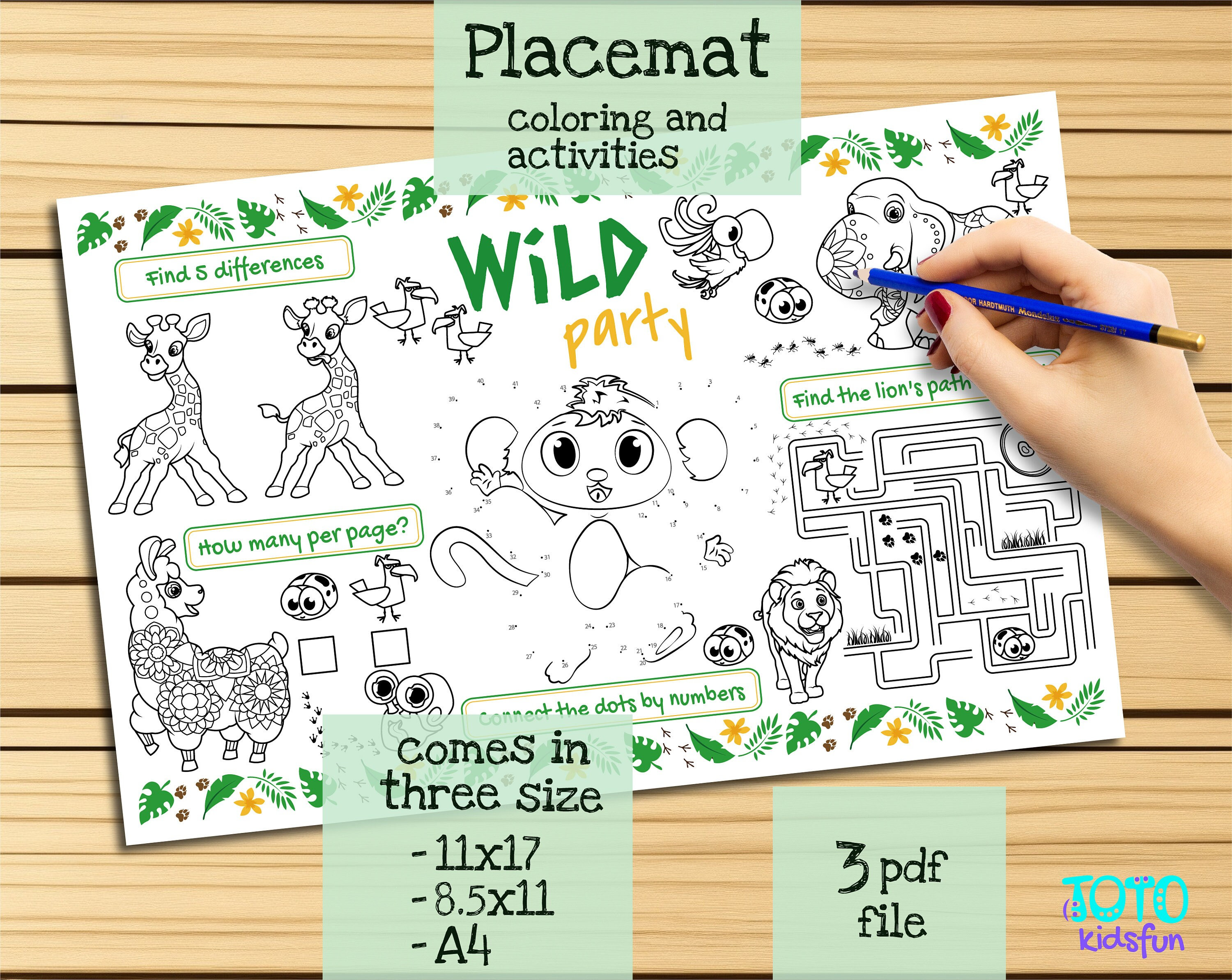 Jungle Party Placemat: Printable Coloring Page. Fun Activity Sheet for ...