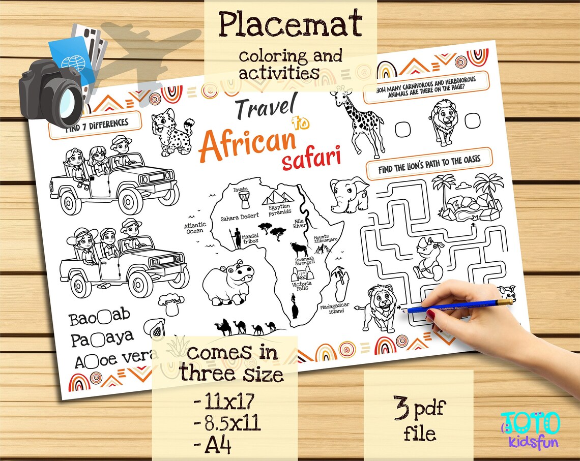 African Safari Placemat - Printable Coloring Page for Kids. Activity ...