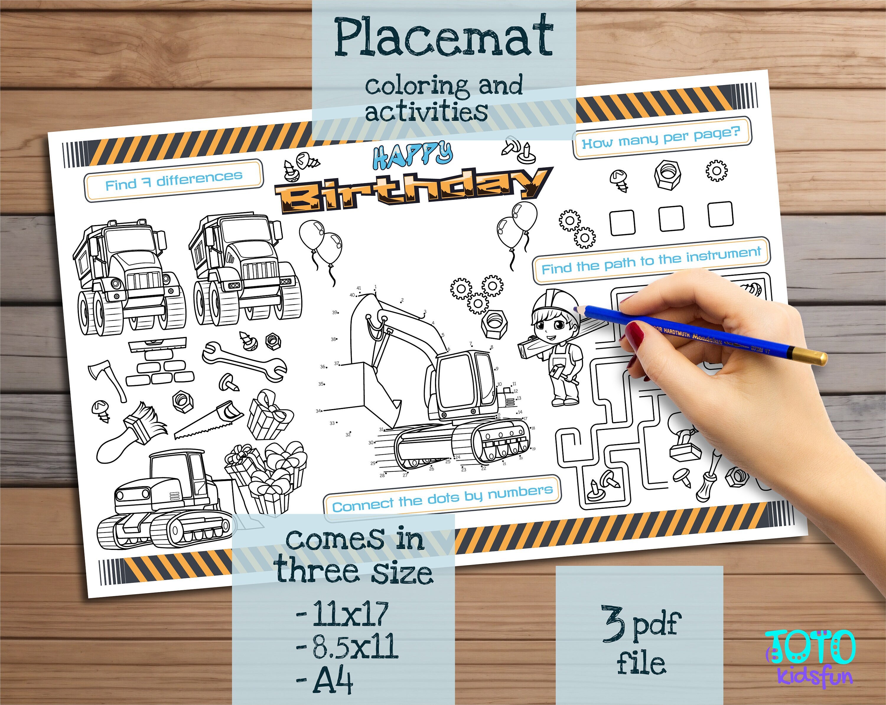 Placemat Happy Birthday. Building Theme. Printable Birthday Coloring ...