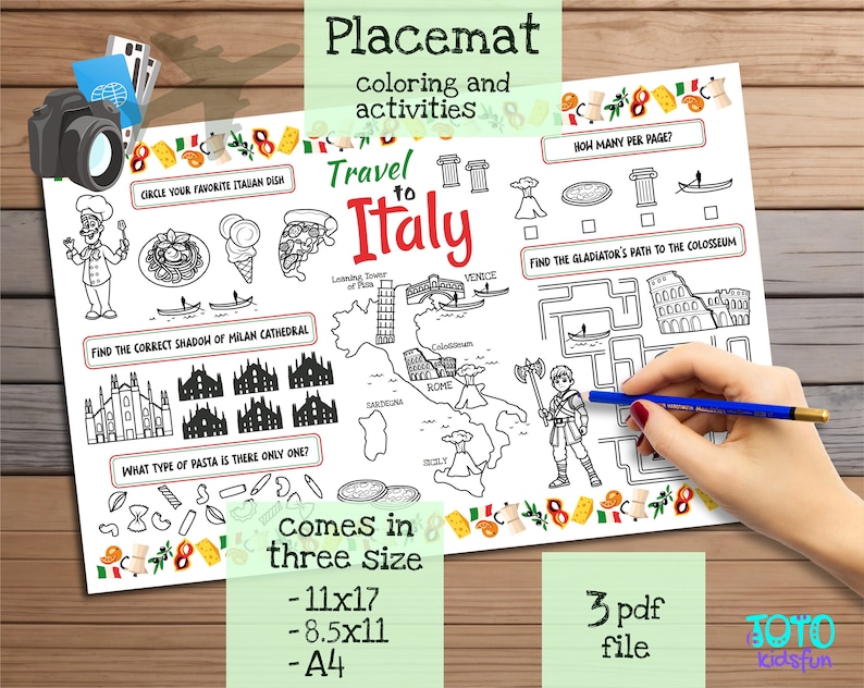 Travel to Italy Placemat. Printable Coloring Page for Kids. Travel ...