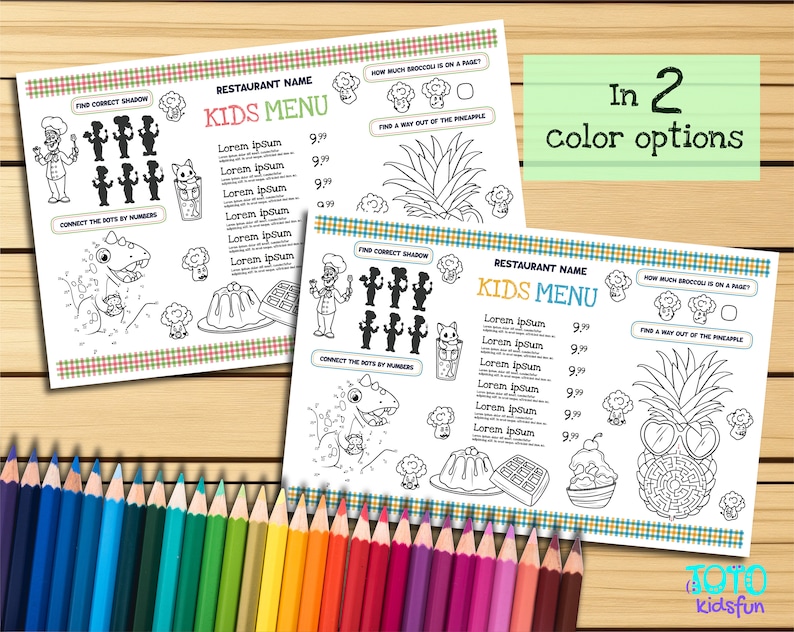 Printable Template Kids Menu for Restaurants With Fun Activity Sheet - Etsy