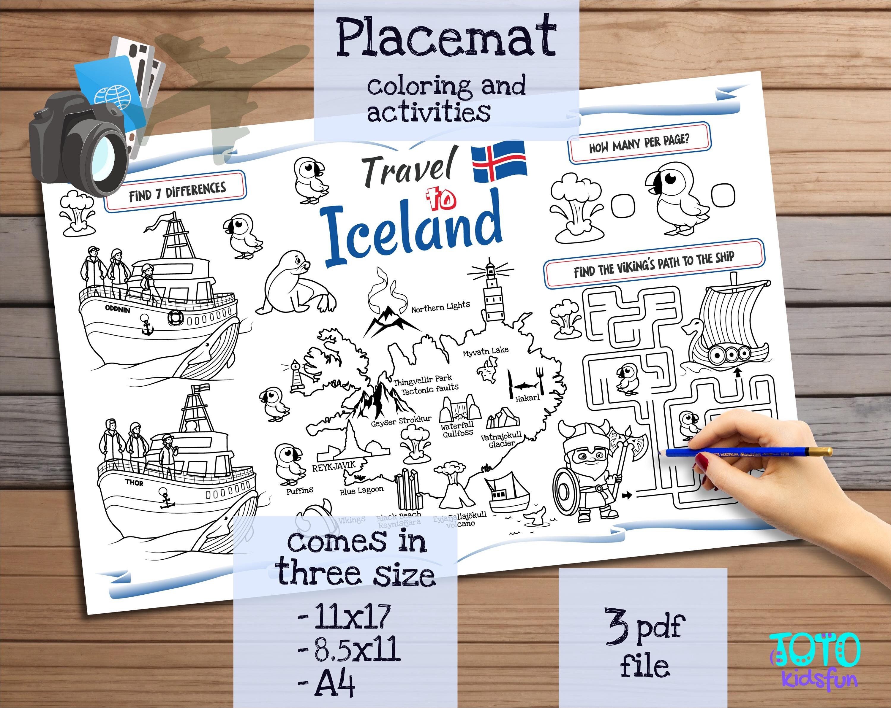 Placemat Travel to Iceland. Printable Coloring Page for Kids. Travel ...