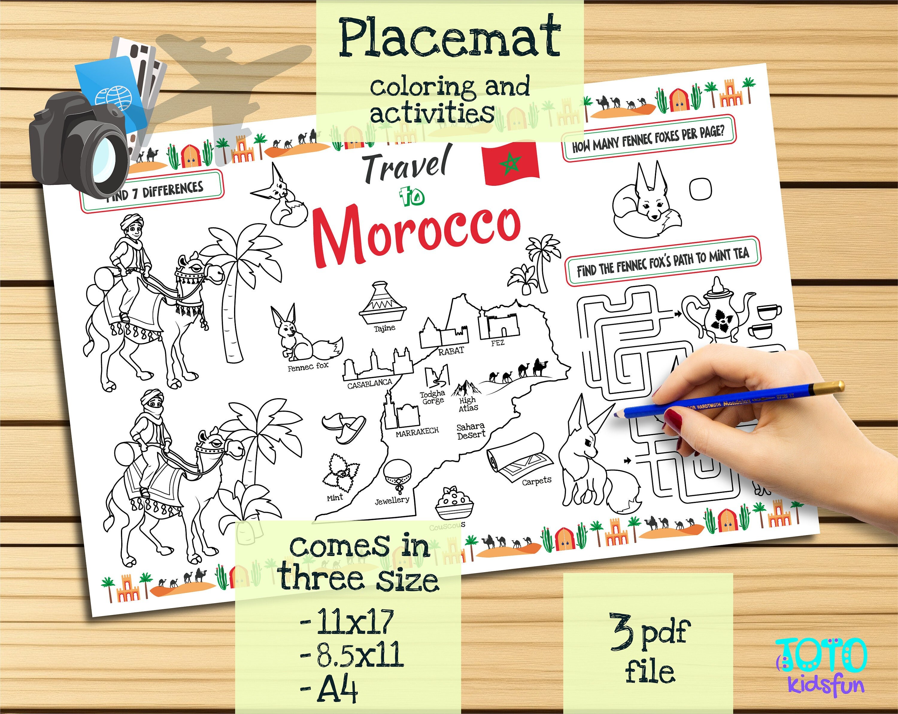 Placemat Travel to Morocco. Printable Coloring Page for Kids. Travel ...