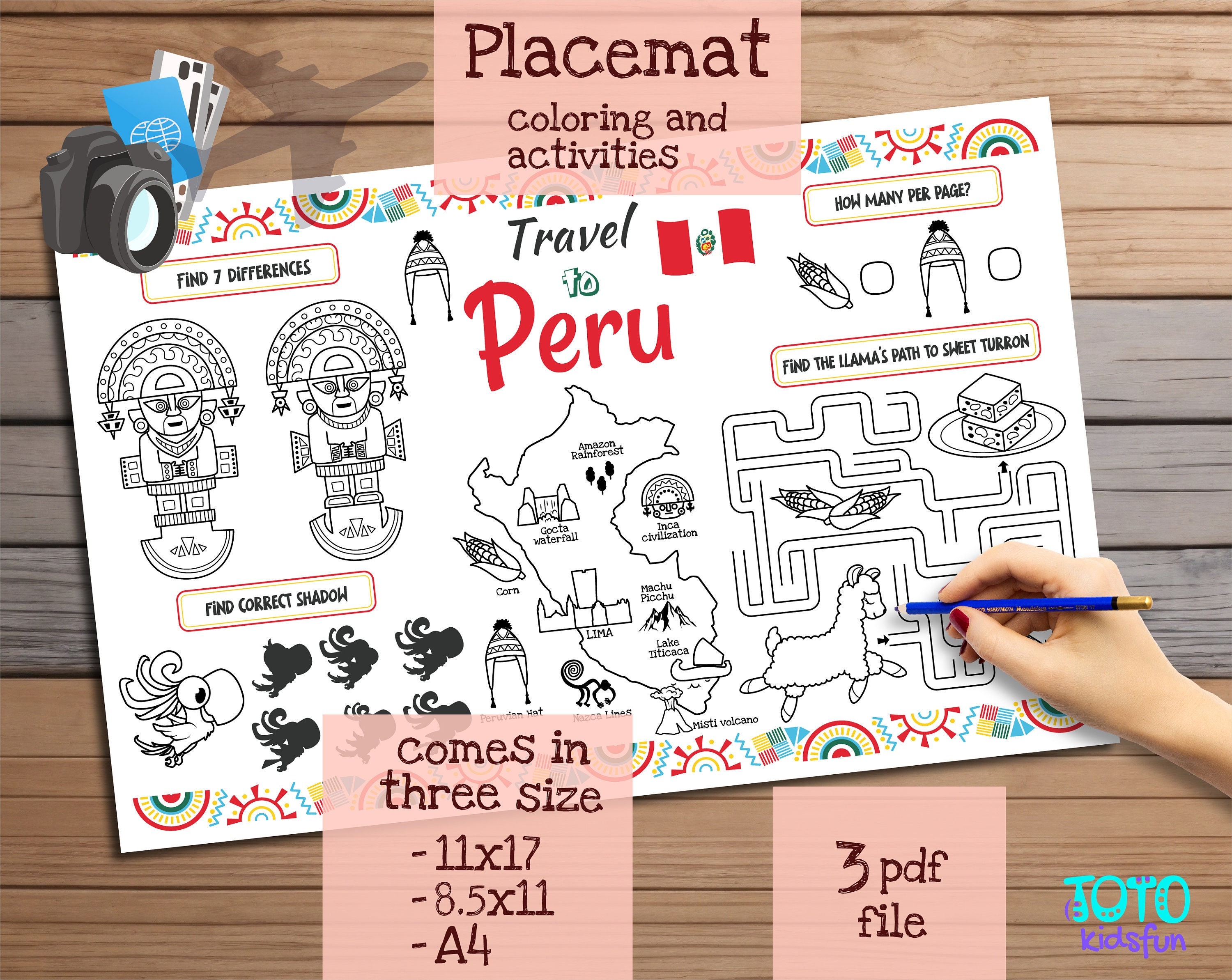 Placemat Travel to Peru. Printable Coloring Page for Kids. Travel ...