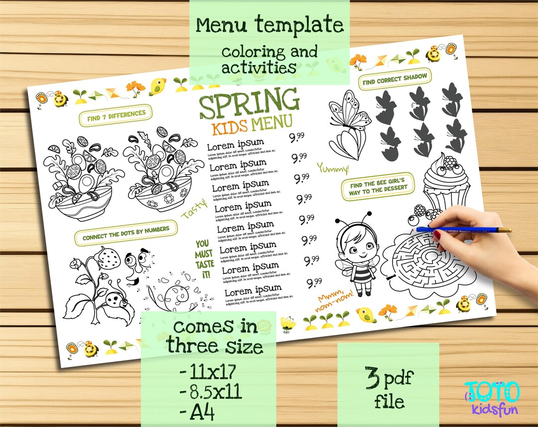 Printable Template Spring Kids Menu for Restaurants With Fun Activity ...