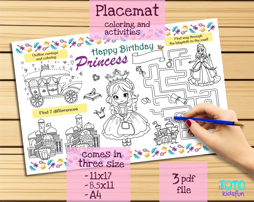 Princess Birthday Placemat: Coloring Page & Activity Sheet (PDF) - Etsy