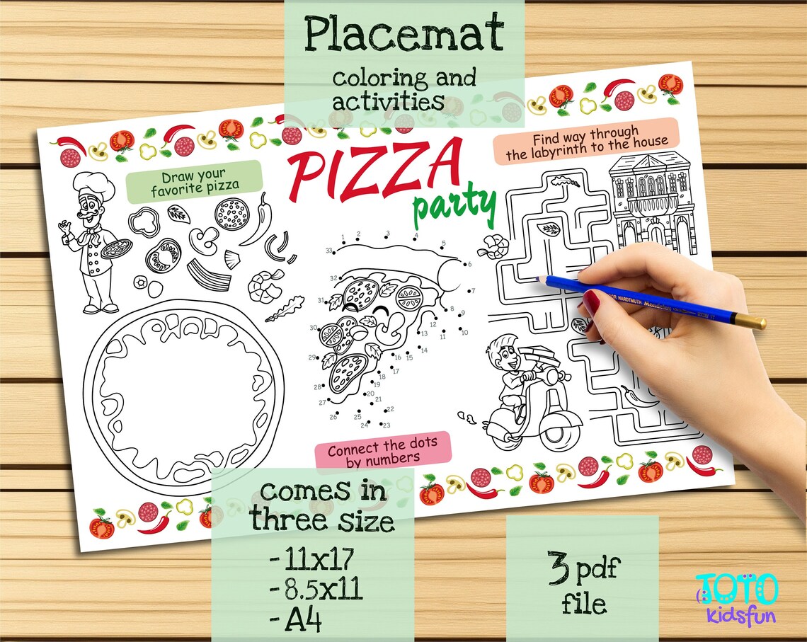 Pizza Party Placemat. Printable Birthday Coloring Page for Kids. Pizza ...