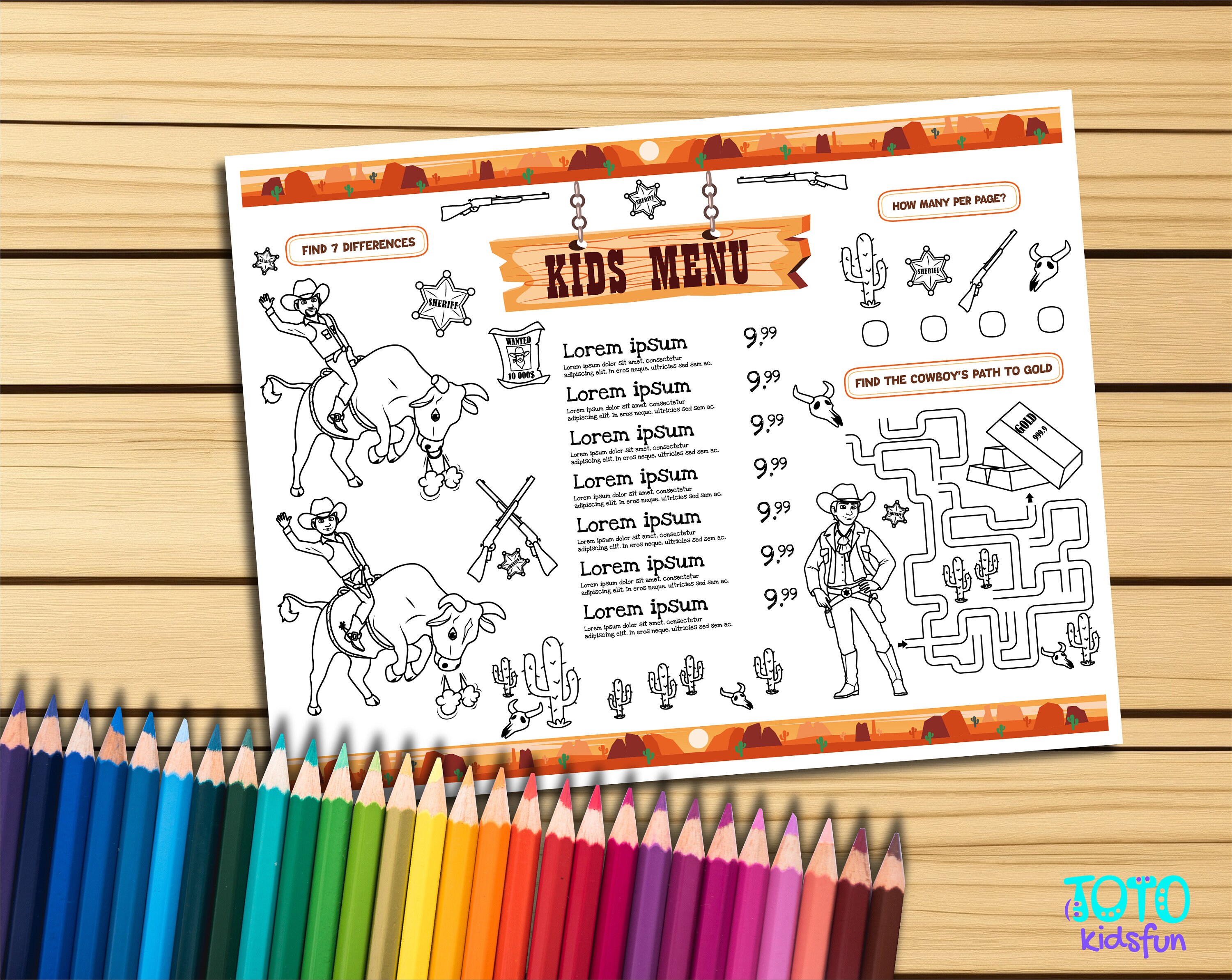 Printable Wild West Kids Menu Template for Restaurants With Fun ...
