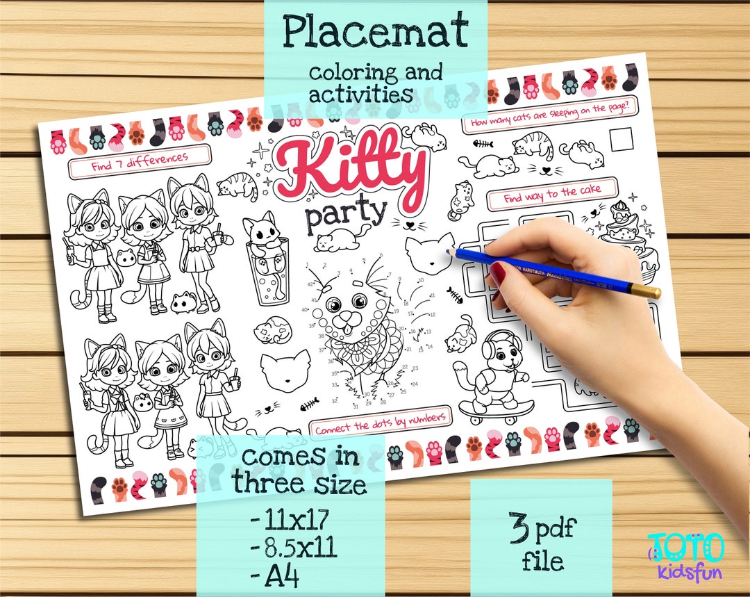 Kitty Party Placemat. Printable Birthday Coloring Page for Kids. Kitty ...