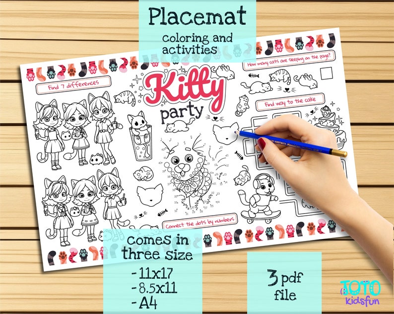 Kitty Party Placemat. Printable Birthday Coloring Page for Kids. Kitty ...