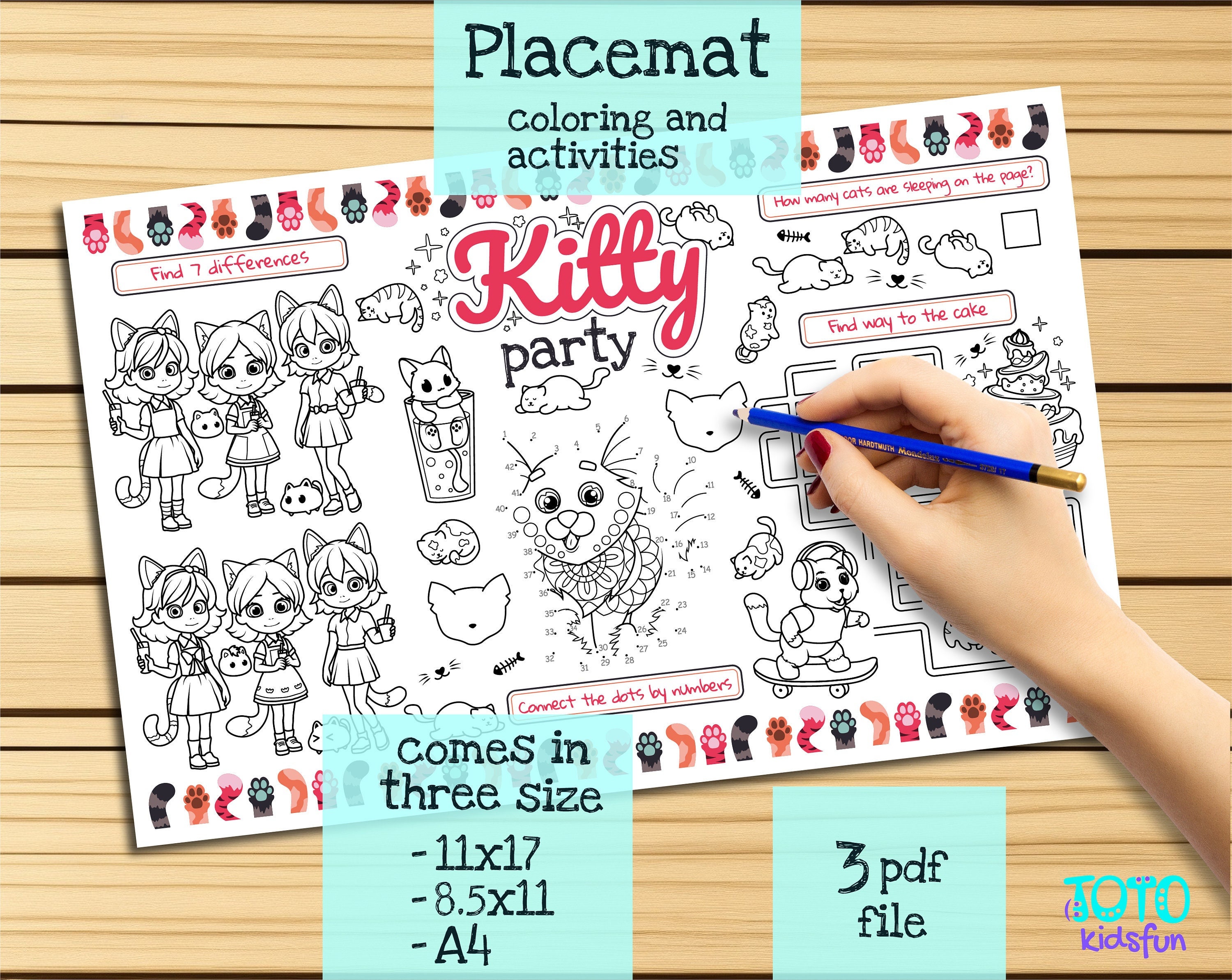 Kitty Party Placemat. Printable Birthday Coloring Page for Kids. Kitty ...