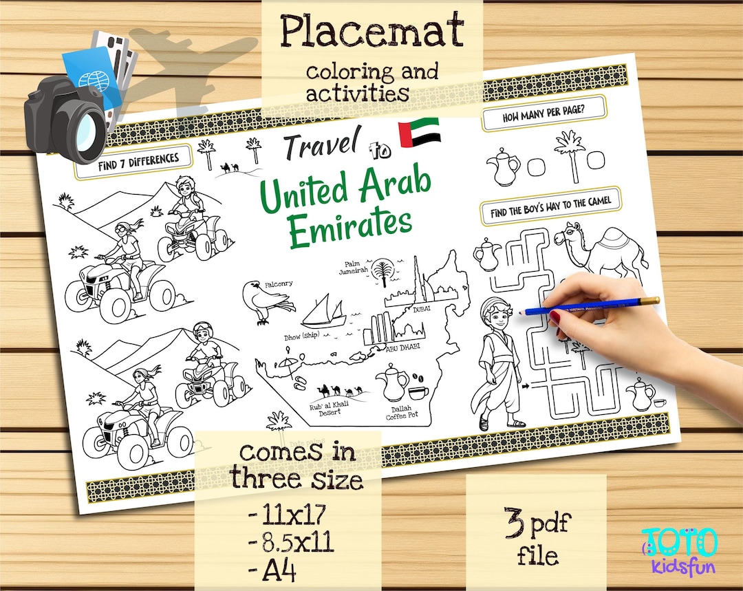Placemat Travel to UAE. Printable Coloring Page for Kids. Travel ...