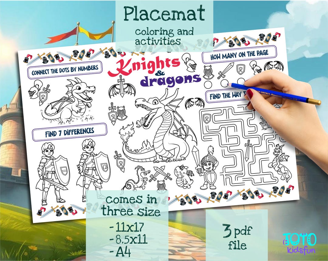 Knights and Dragons Activity Sheet. Medieval Party Placemat | Dragon ...