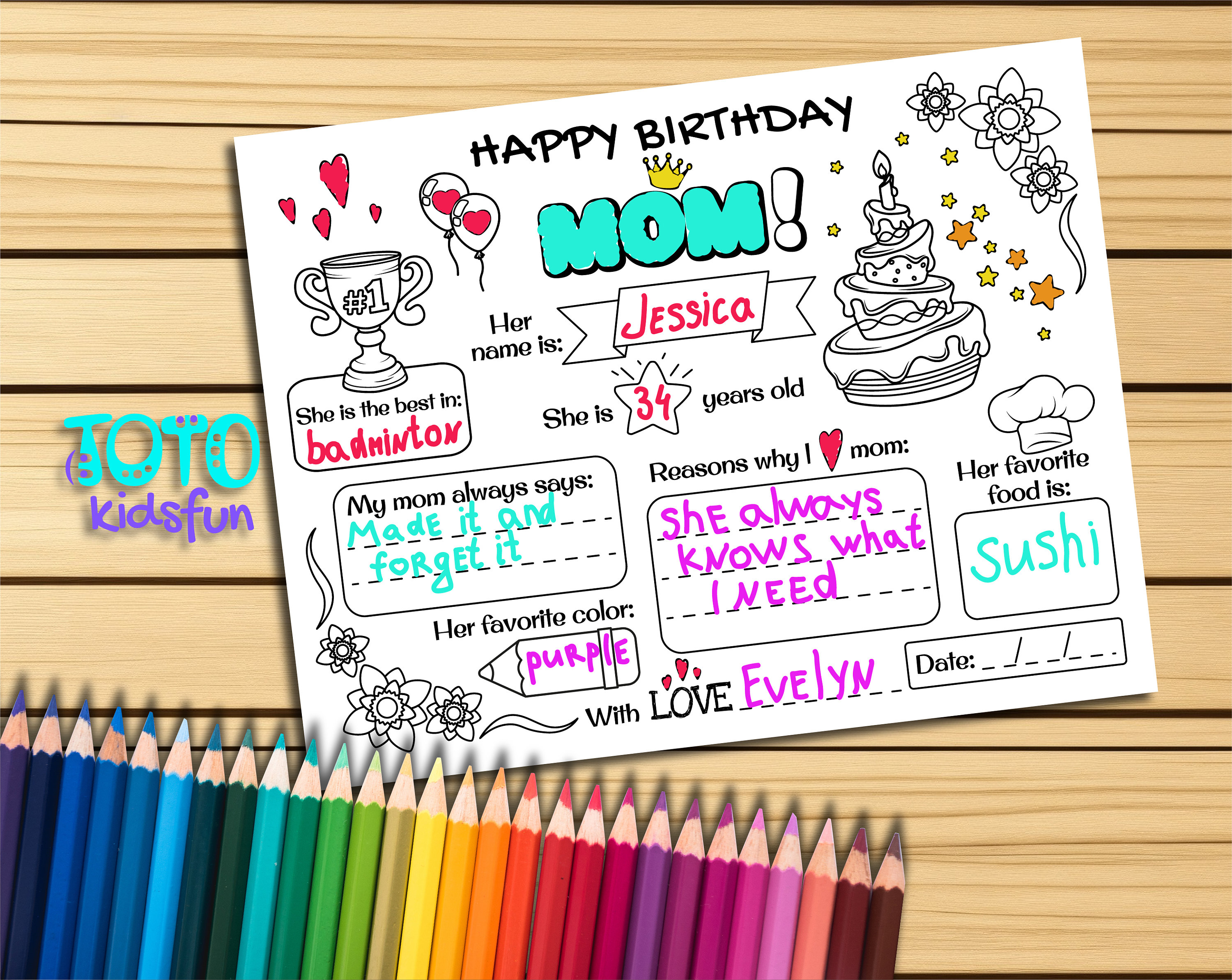 Printable Coloring Card Happy Birthday Mom. Template for DIY Greetings ...