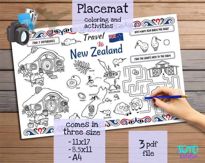 Placemat Travel to New Zealand. Printable Coloring Page for Kids ...