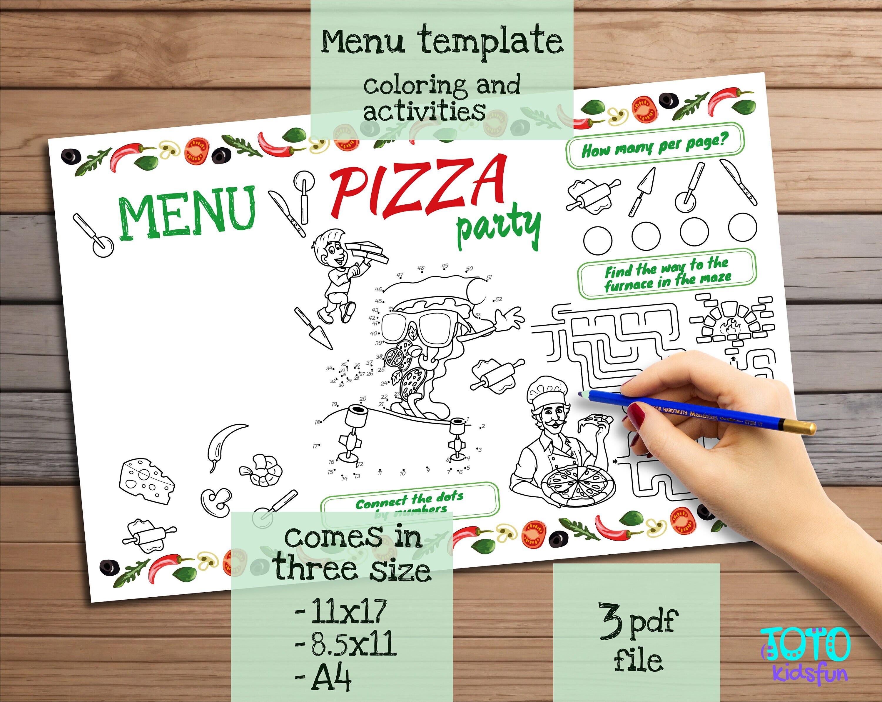 Children's Menu Template for Pizzeria. Pizza Party Activity Sheet ...