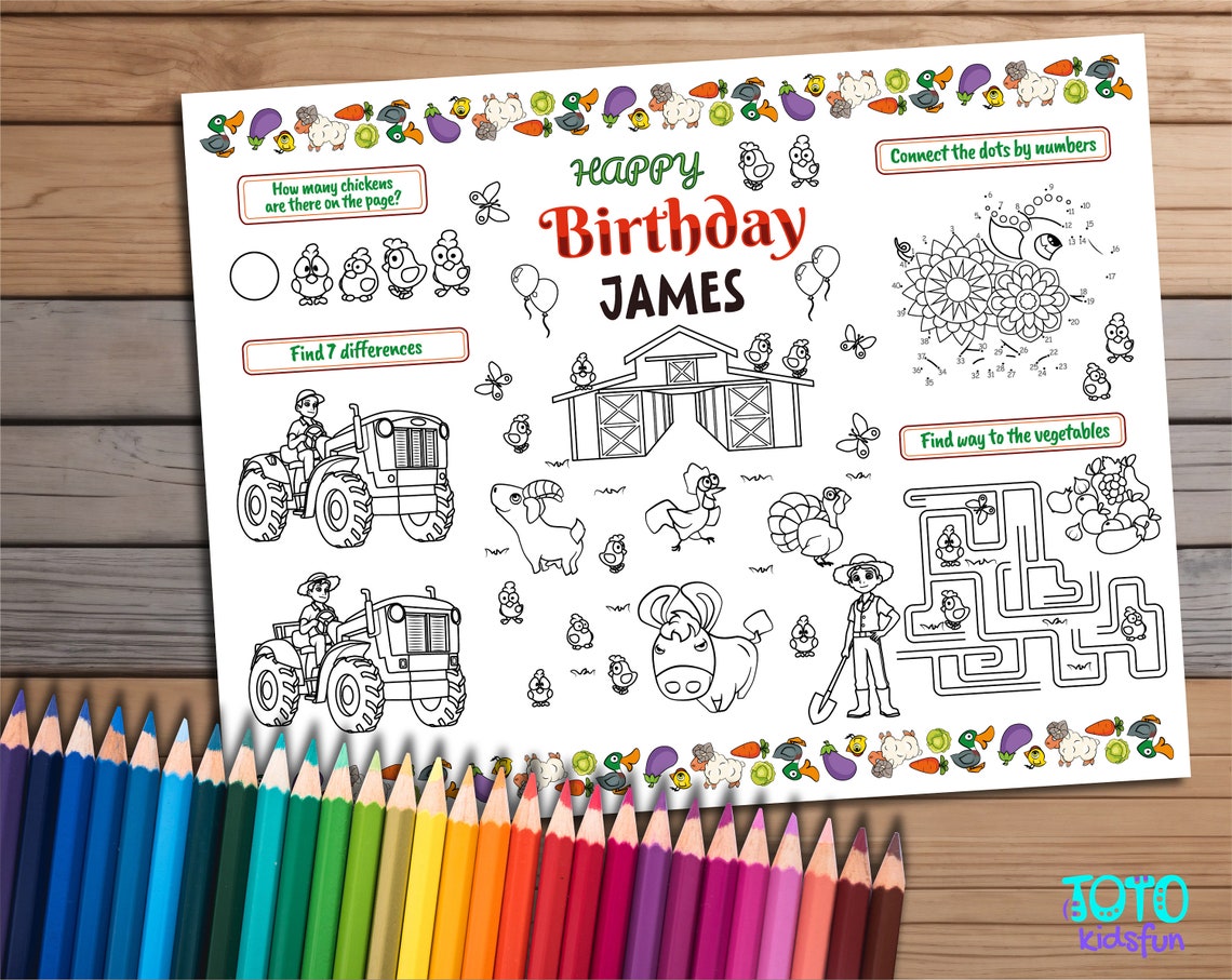 Happy Birthday Placemat. Farm Theme. Printable Birthday Coloring Page ...