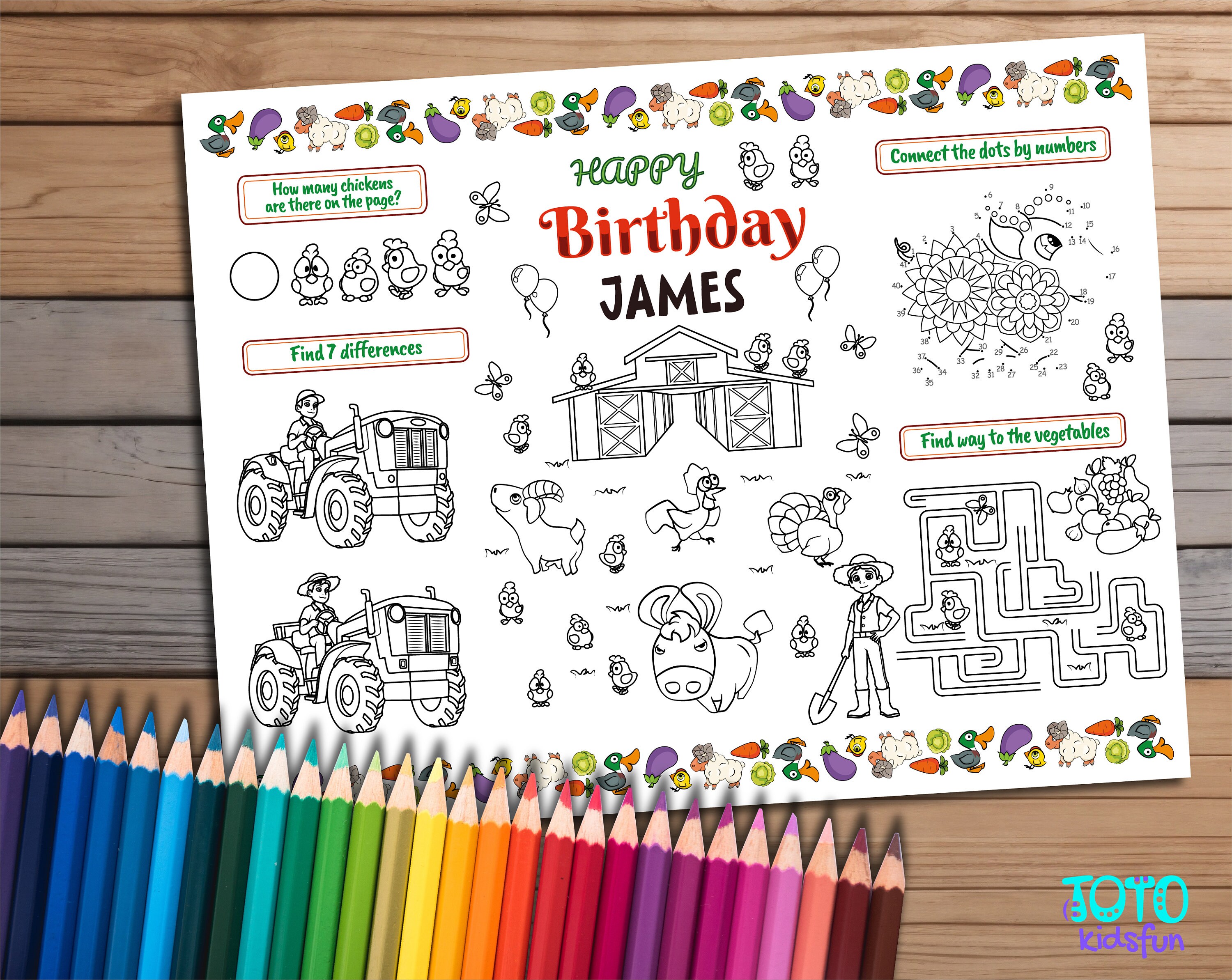 Happy Birthday Placemat. Farm Theme. Printable Birthday Coloring Page ...