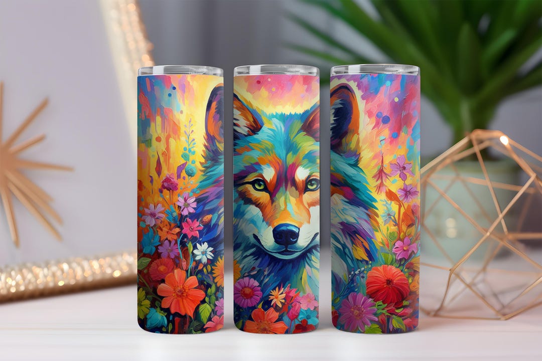 Colorful Wolf and Flowers Print - Etsy